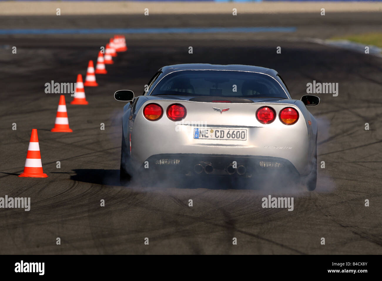 Corvette Z06, model year 2006-, silver, driving, diagonal from the back ...