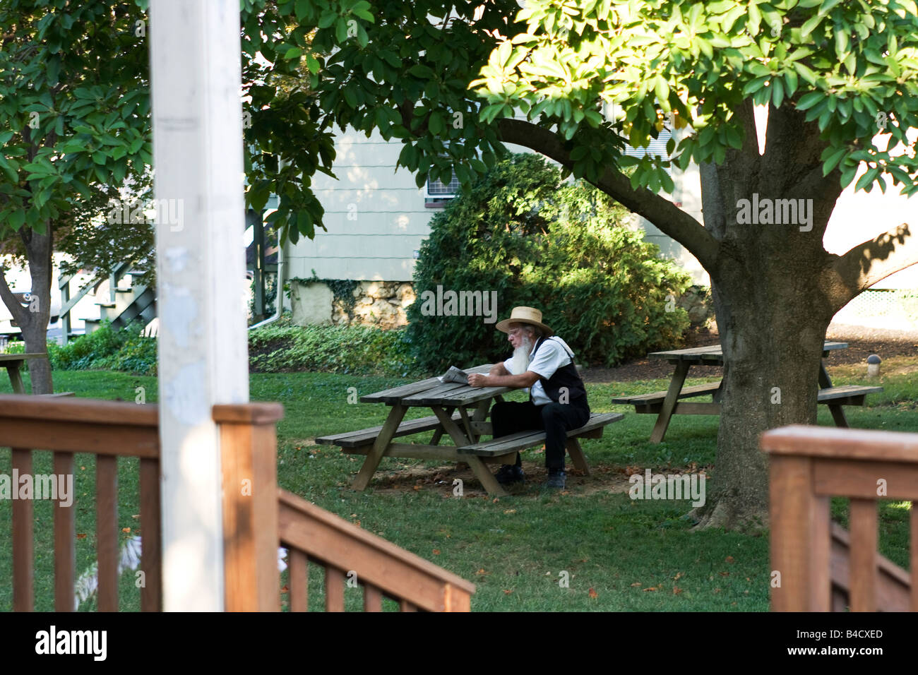 Amish man reading newspaper in garden Stock Photo - Alamy