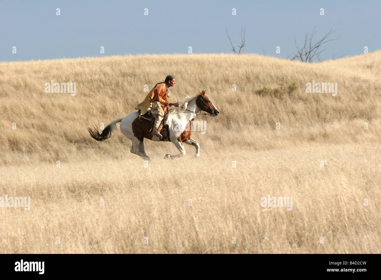 A Native American Lakota Sioux Indian riding horseback on the prairie ...
