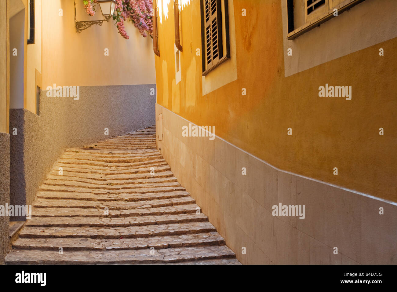 Multi-coloured buildings and steps in Gothic Quarter, Palma Mallorca ...
