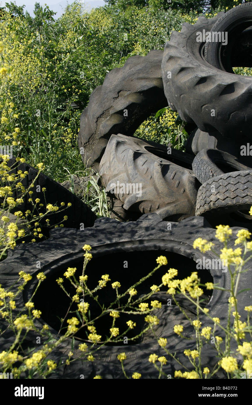 old tractor tyres left in field in countryside Stock Photo - Alamy
