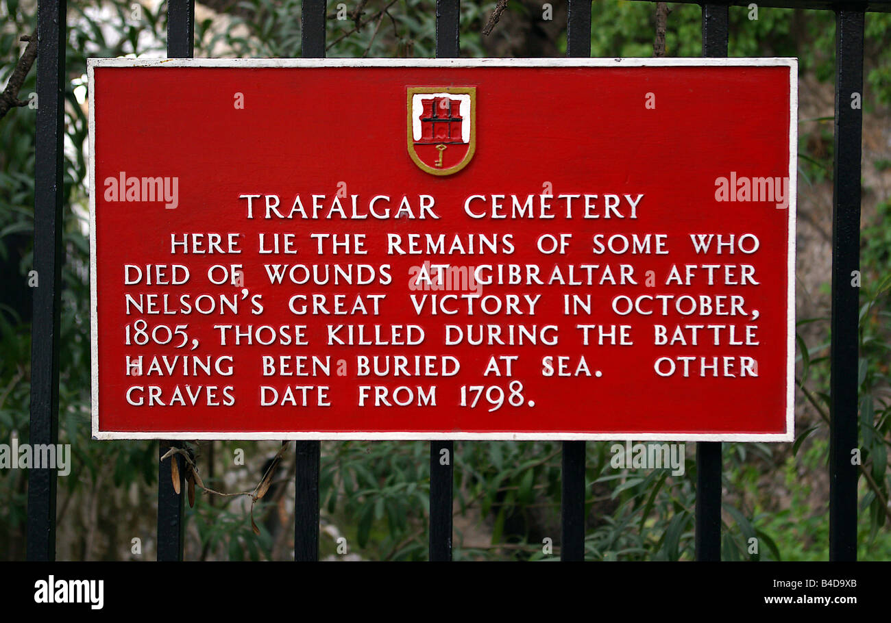 Plaque at the entrance to the Trafalgar Cemetery in Gibraltar Stock ...