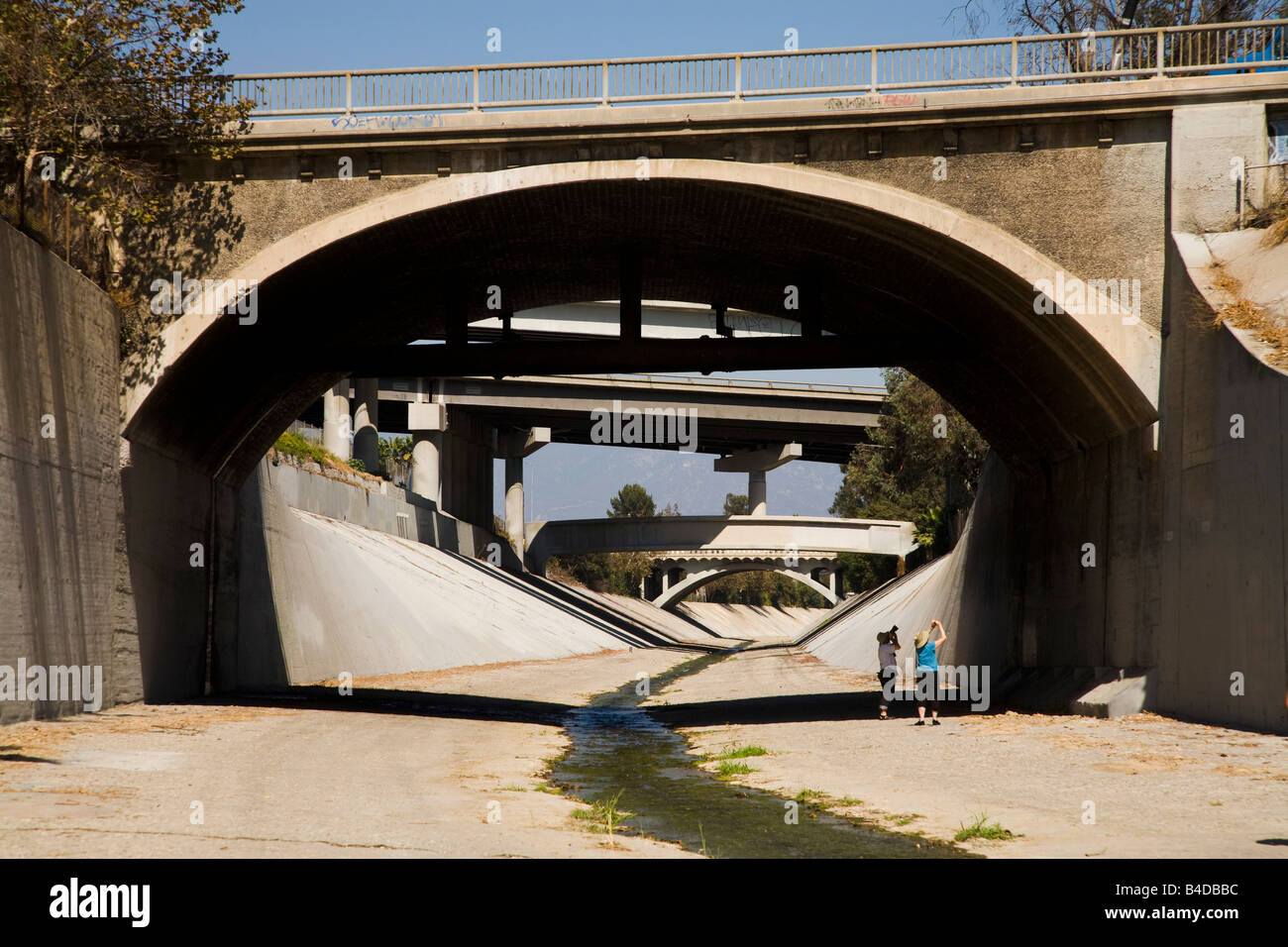 Overpass crosses LA River, people taking photos, Los Angeles County ...