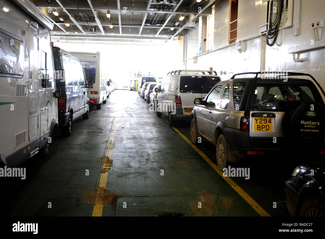 Inside on the car deck of the red Funnel ferry between isle of Wight ...