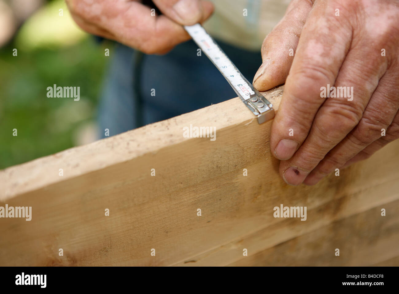 Hands of senior man measuring the thickness of a wooden board Stock ...