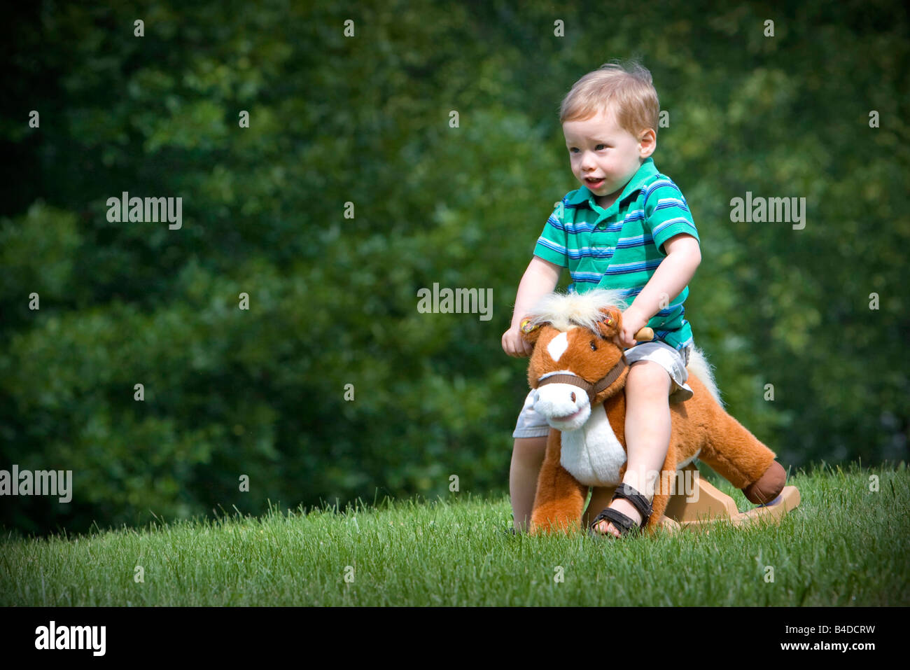 Boy riding a toy rocking horse in a field with trees in background ...