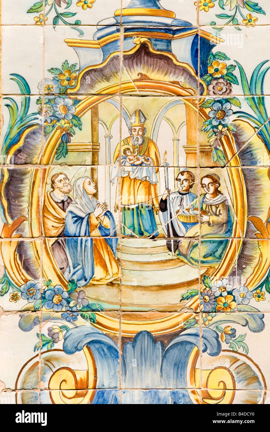 Detail of traditional Spanish Azulejos painted ceramic tiles on a ...