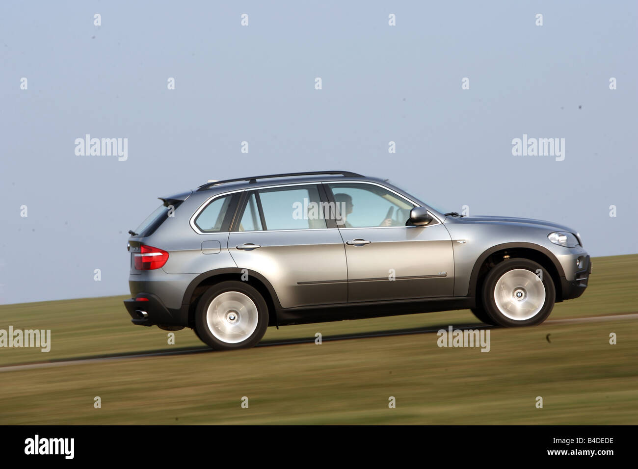 BMW X5 4.8i, model year 2006-, anthracite, driving, side view, country ...