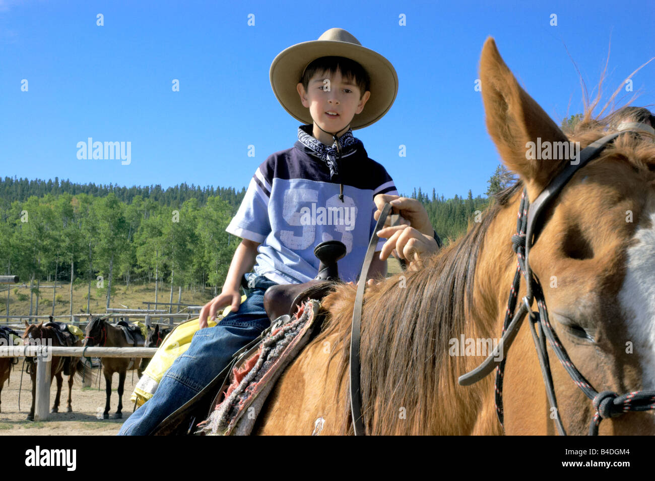 Young boy sitting on a large horse on a dude ranch in North America ...