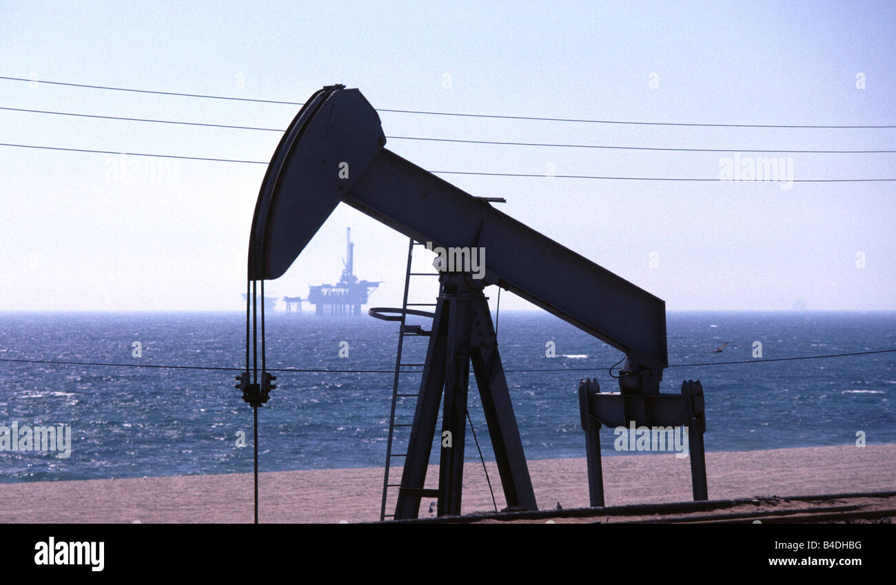 oil well pump and offshore oil rig off the California coast USA Stock ...