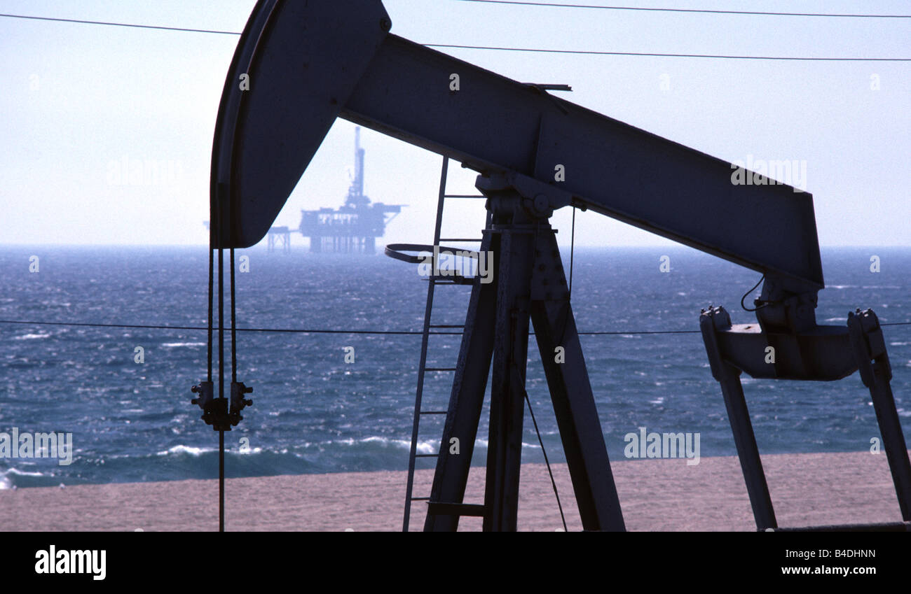 oil well pump and offshore oil rig off the California coast USA Stock ...