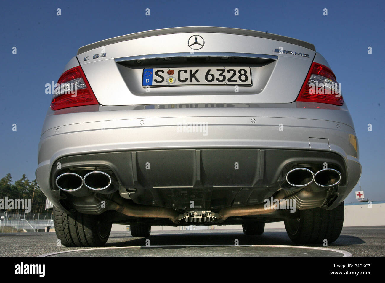 Mercedes C 63 AMG, model year 2007-, silver, standing, upholding, rear ...