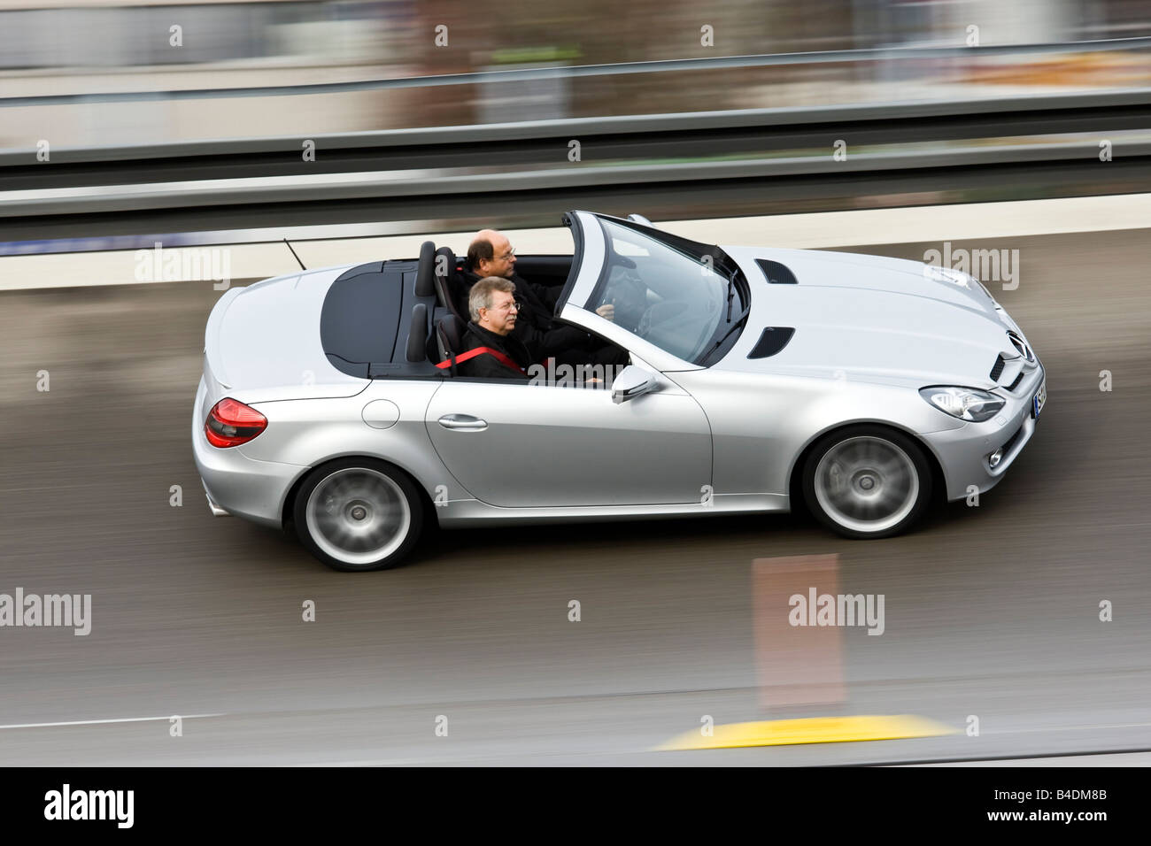 Mercedes SLK, model year 2008-, silver, driving, side view, test track ...