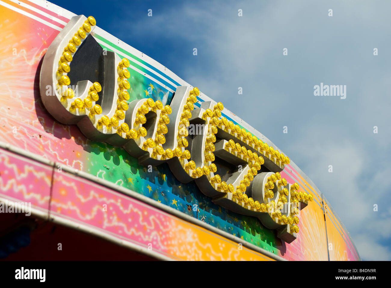 The fairground ride the waltzer, a close up of the name of the ride ...