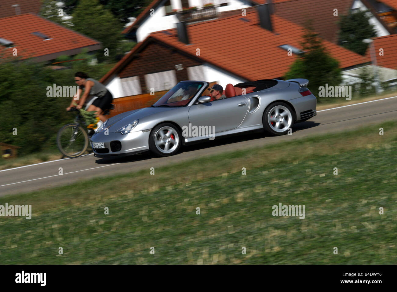 Car, Porsche 911 Turbo Convertible, model year 2003-, silver, open top ...