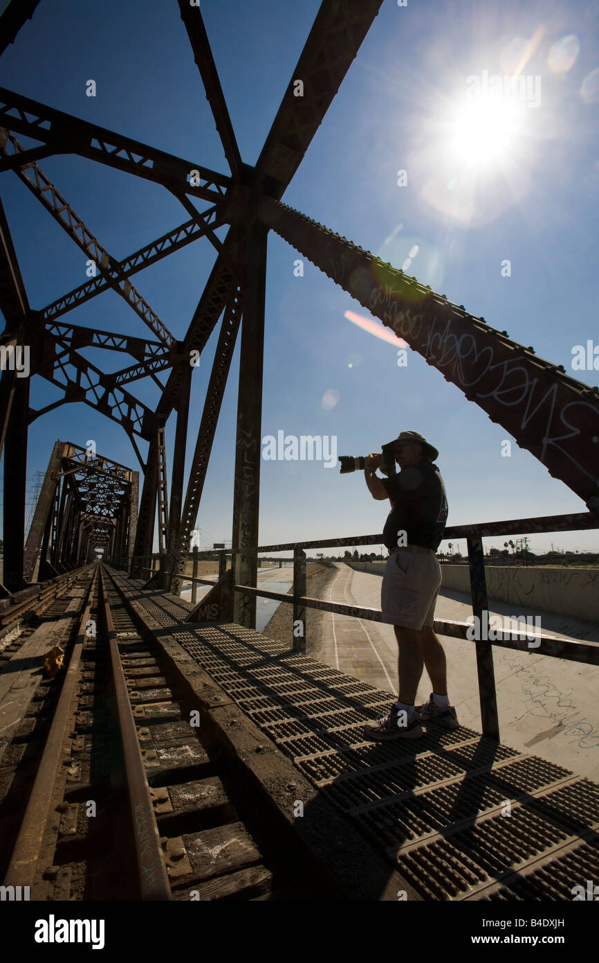 Trestle Bridge and train tracks over the Los Angeles River South Gate ...