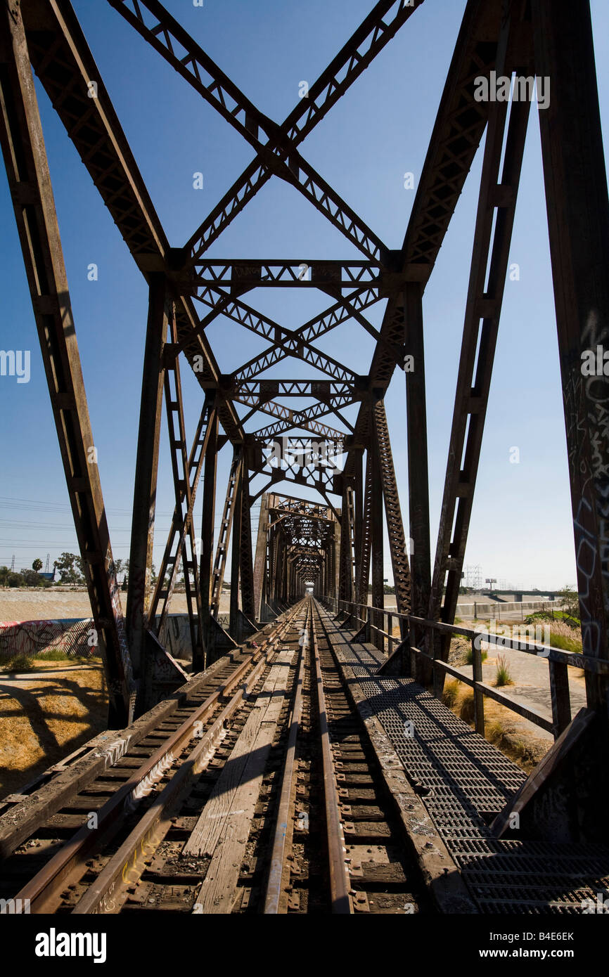 Trestle Bridge and train tracks over the Los Angeles River South Gate ...