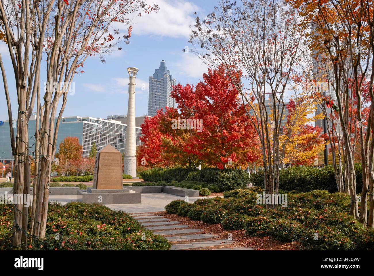 An autumn view of Atlanta's Centenial Olympic Park. The stone steps ...