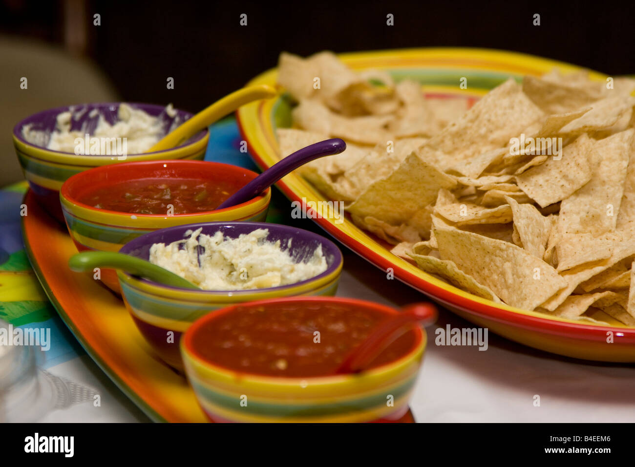 Chips and salsa and dip at party Stock Photo - Alamy