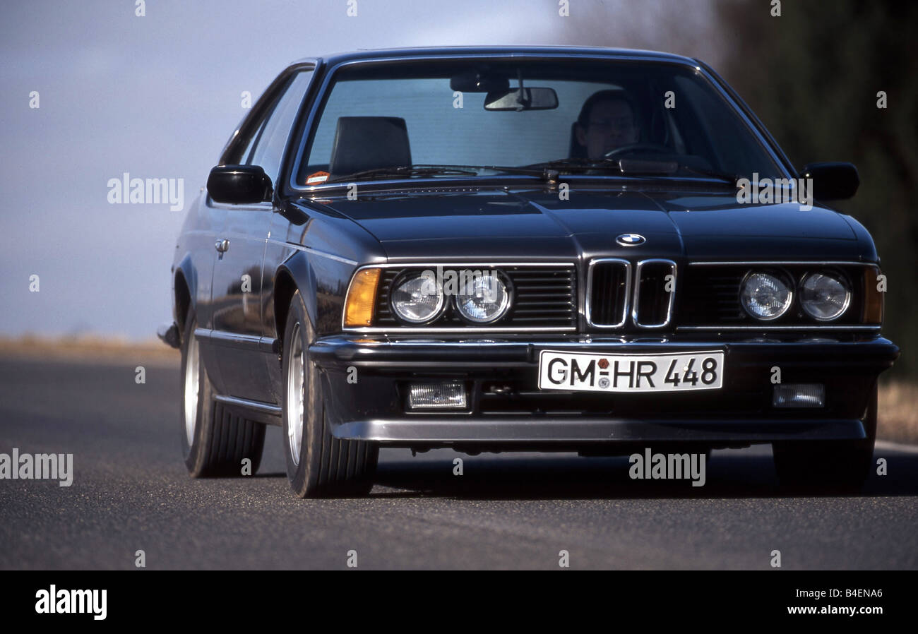 Car, 6er BMW, old car, driving, diagonal front, front view, road ...