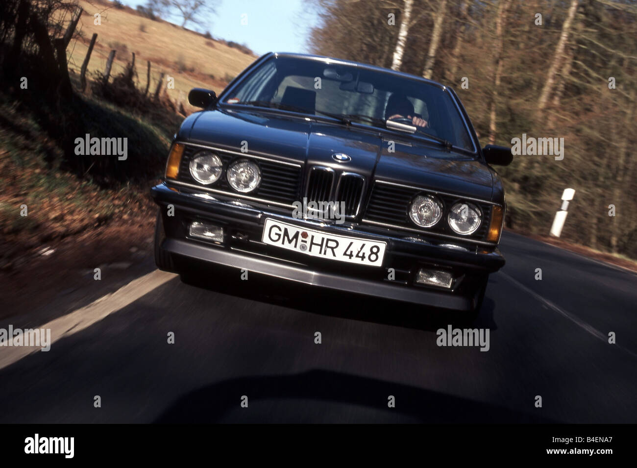 Car, 6er BMW, old car, driving, diagonal front, front view, road ...