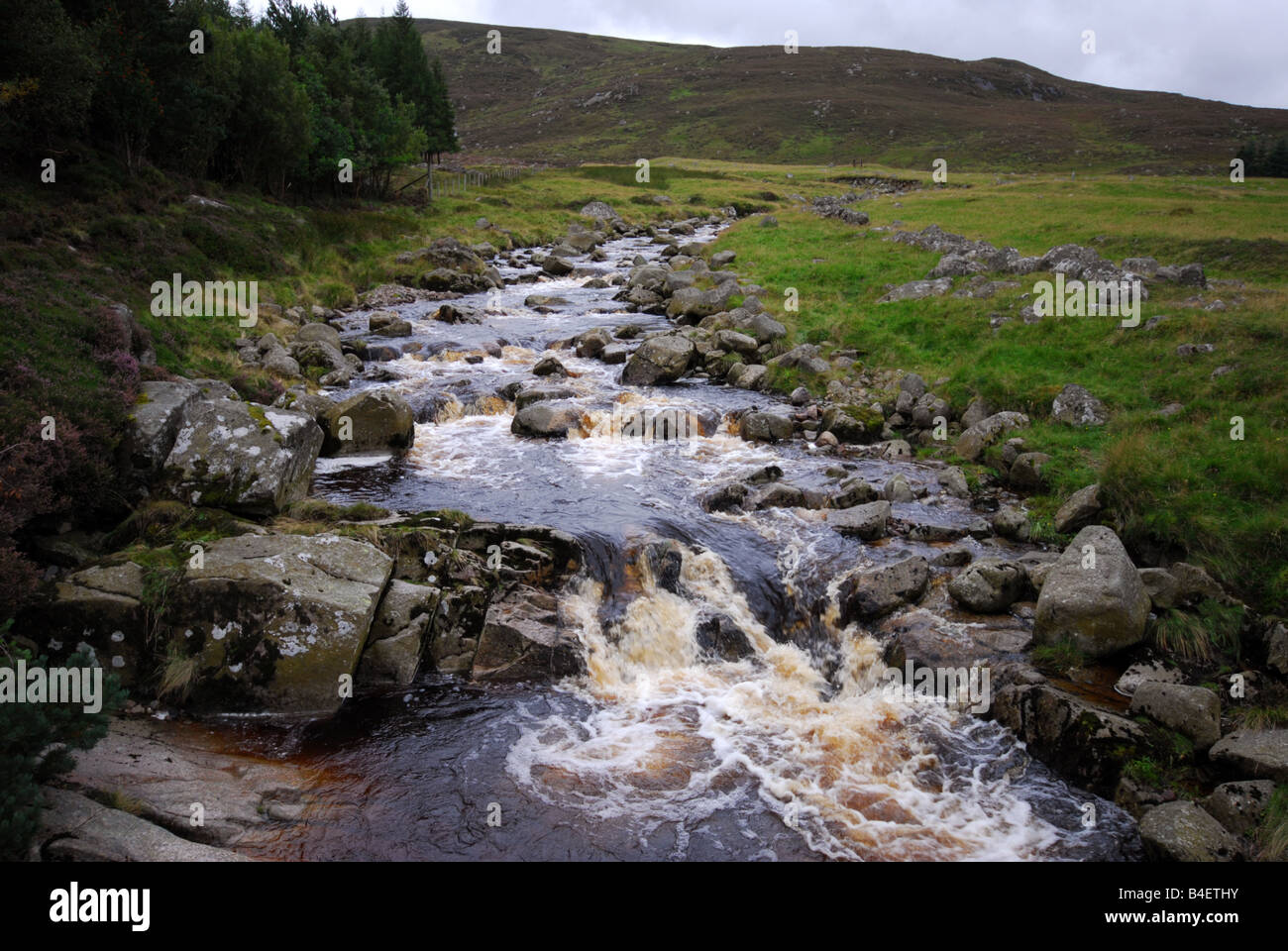 Tributary of the river Muick flows off the hills in Glen Muick Stock ...