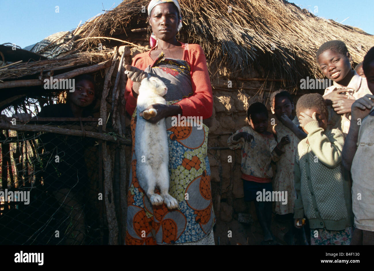 Woman rabbit farmer holding rabbit in front of mud hut, portrait ...