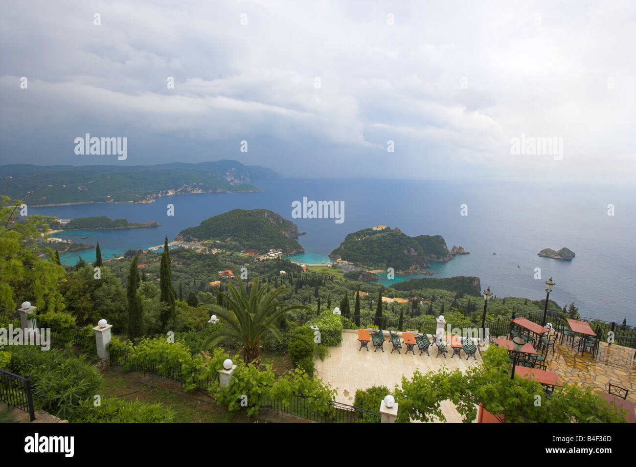 View of Paleokastritsa Corfu from the Golden Fox restaurant Stock Photo ...
