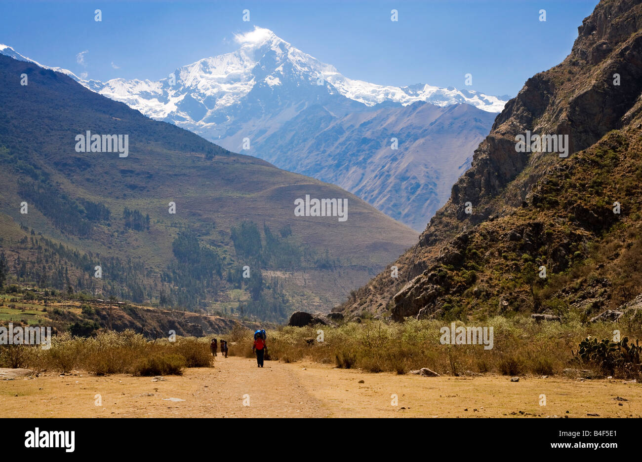 View from the Inca Trail or Camino Inka of snow-capped Andean mountains ...