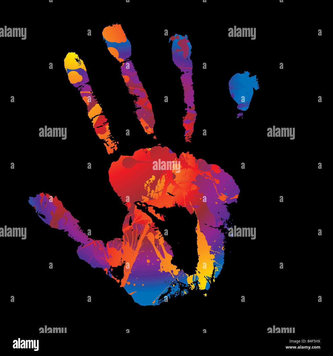 brightly coloured hand print with ink splats illustrations Stock Photo ...