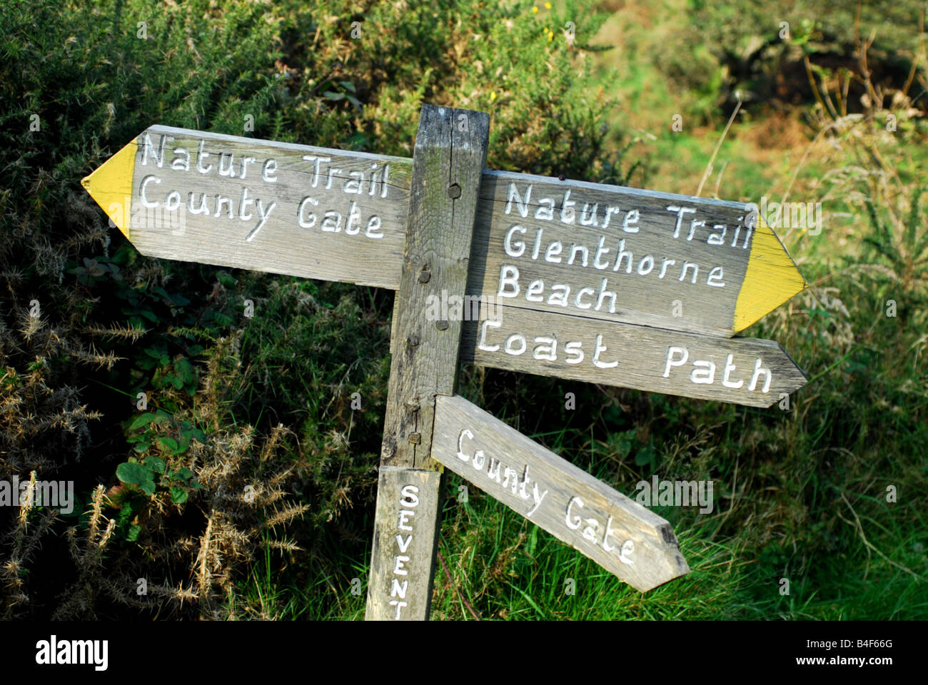 waymark signpost at County Gate on Exmoor pointing the way to a Nature ...