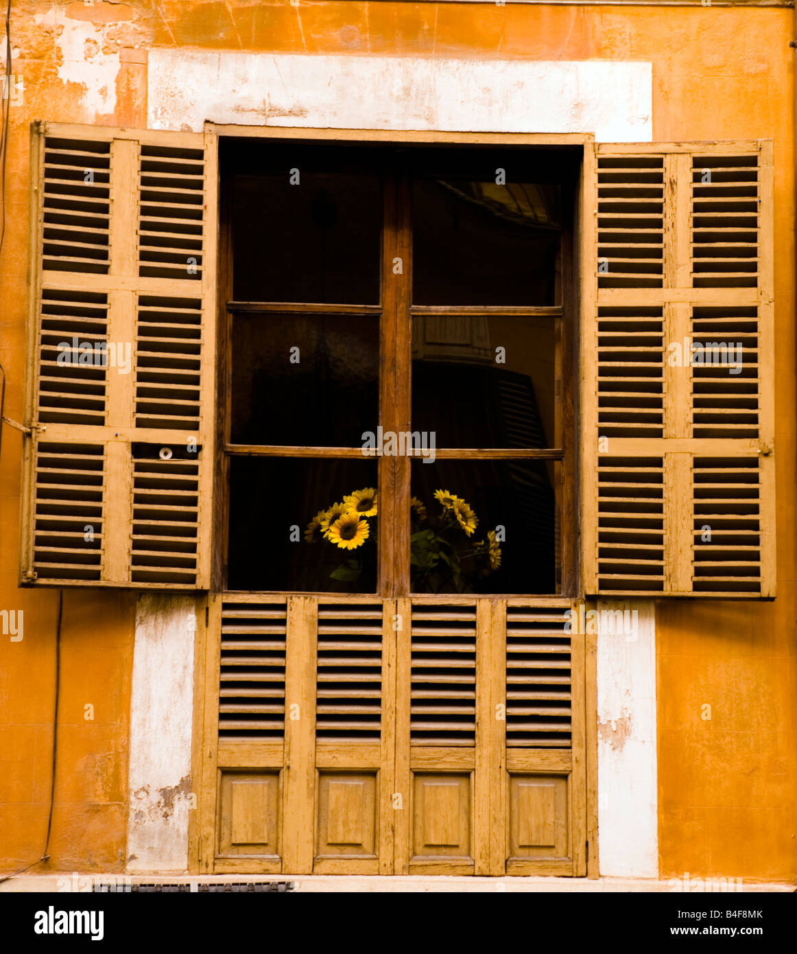 Palma Mallorca Balearic Islands Spain Shuttered window with sunflowers ...