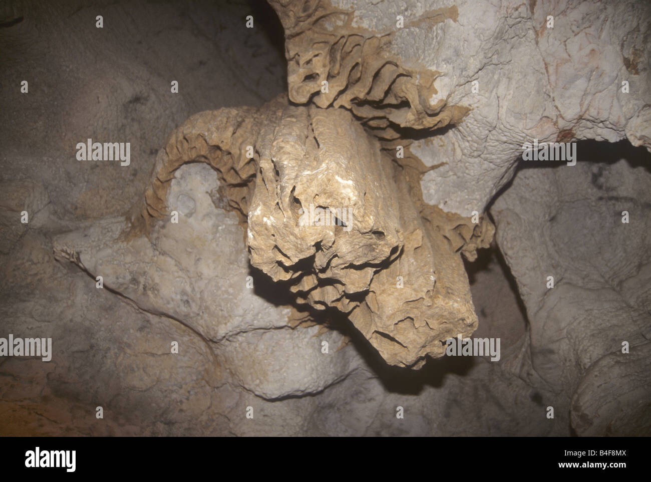 Longhorn Caverns State Park, TX, USA Calcite "flowstone" on limestone ...