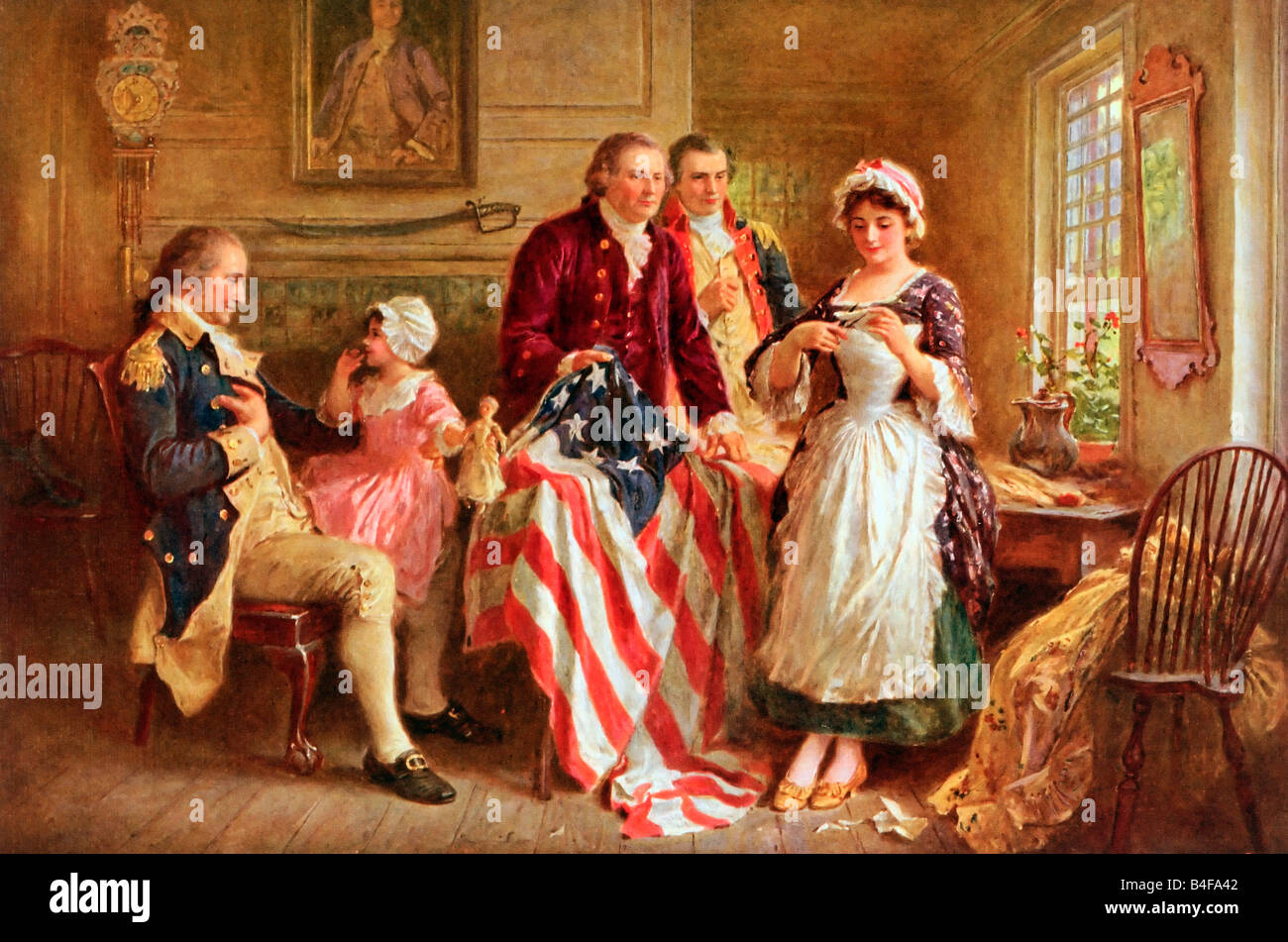 Betsy Ross showing Major Ross and Robert Morris how she cut the stars ...
