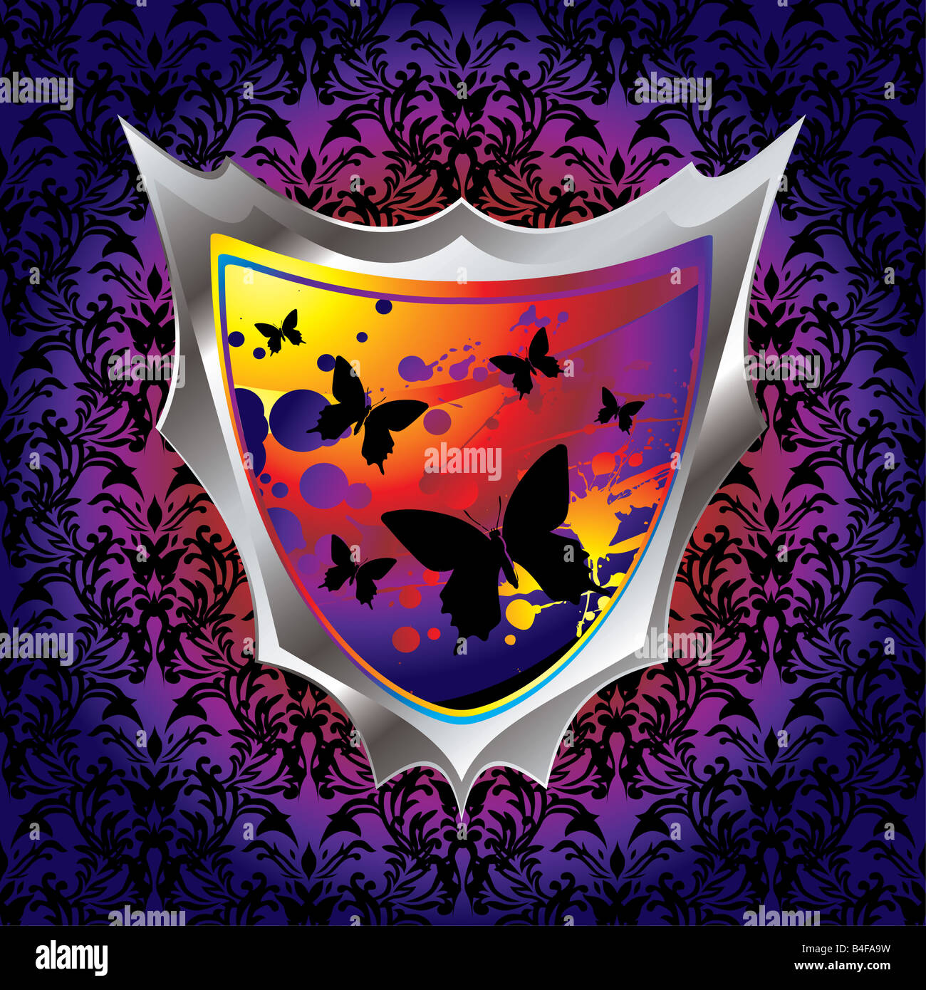 brightly coloured shield with butterfly and ink splats Stock Photo - Alamy