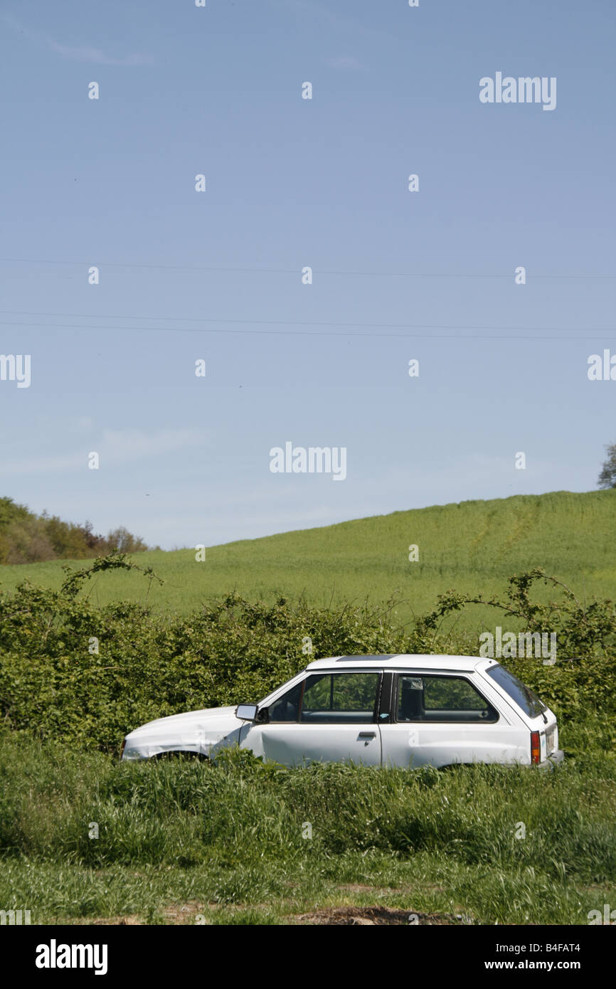 old small white car in field in countryside Stock Photo - Alamy