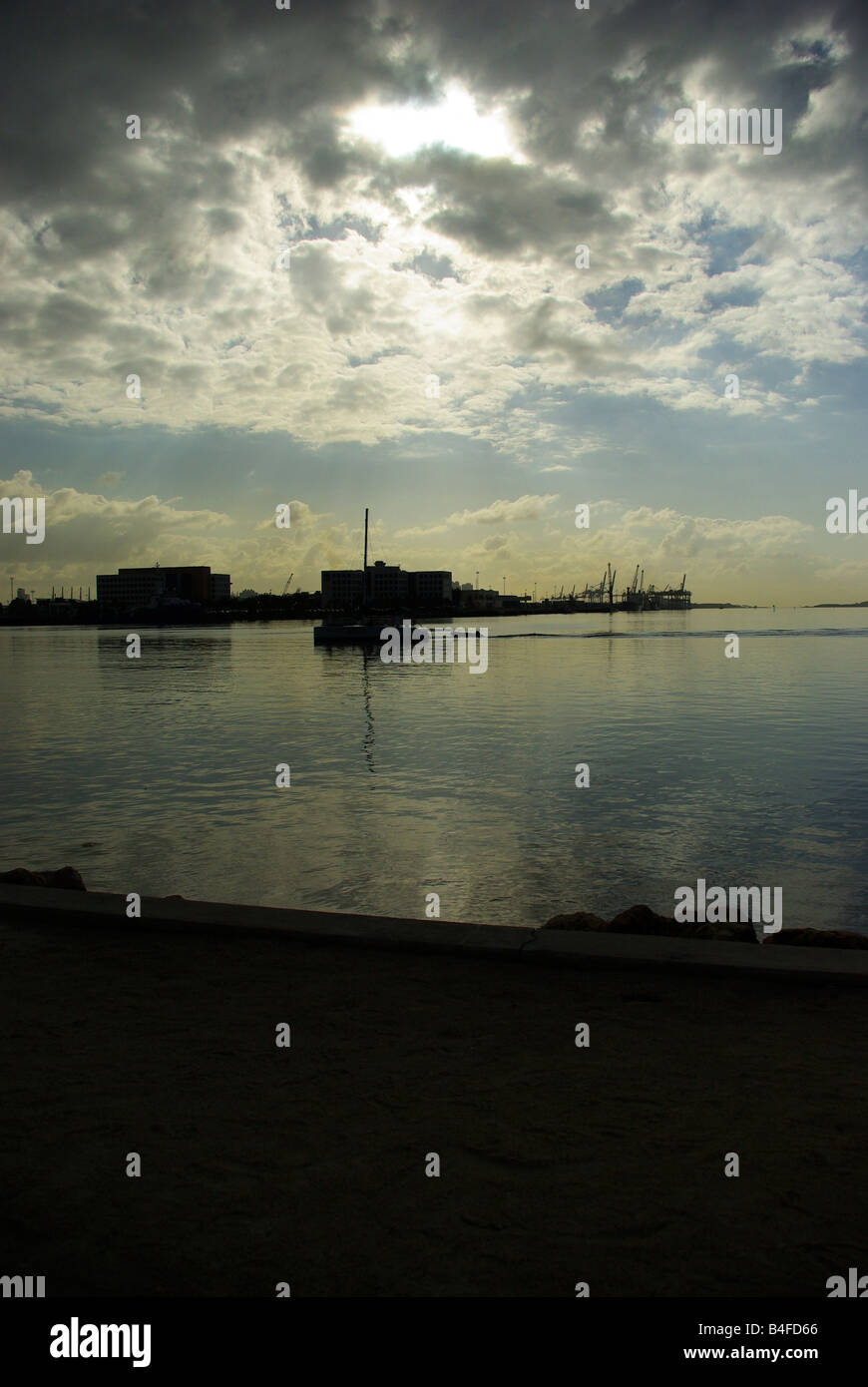Ships silhouetted by the bright afternoon sun on the bay in downtown ...