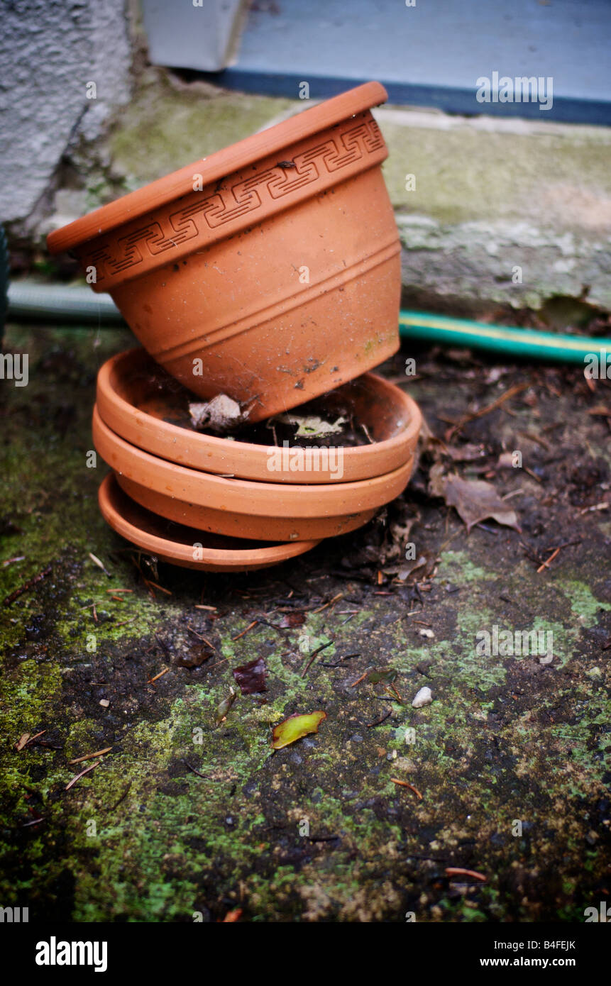 discarded flower pots on a mossy stone Stock Photo - Alamy