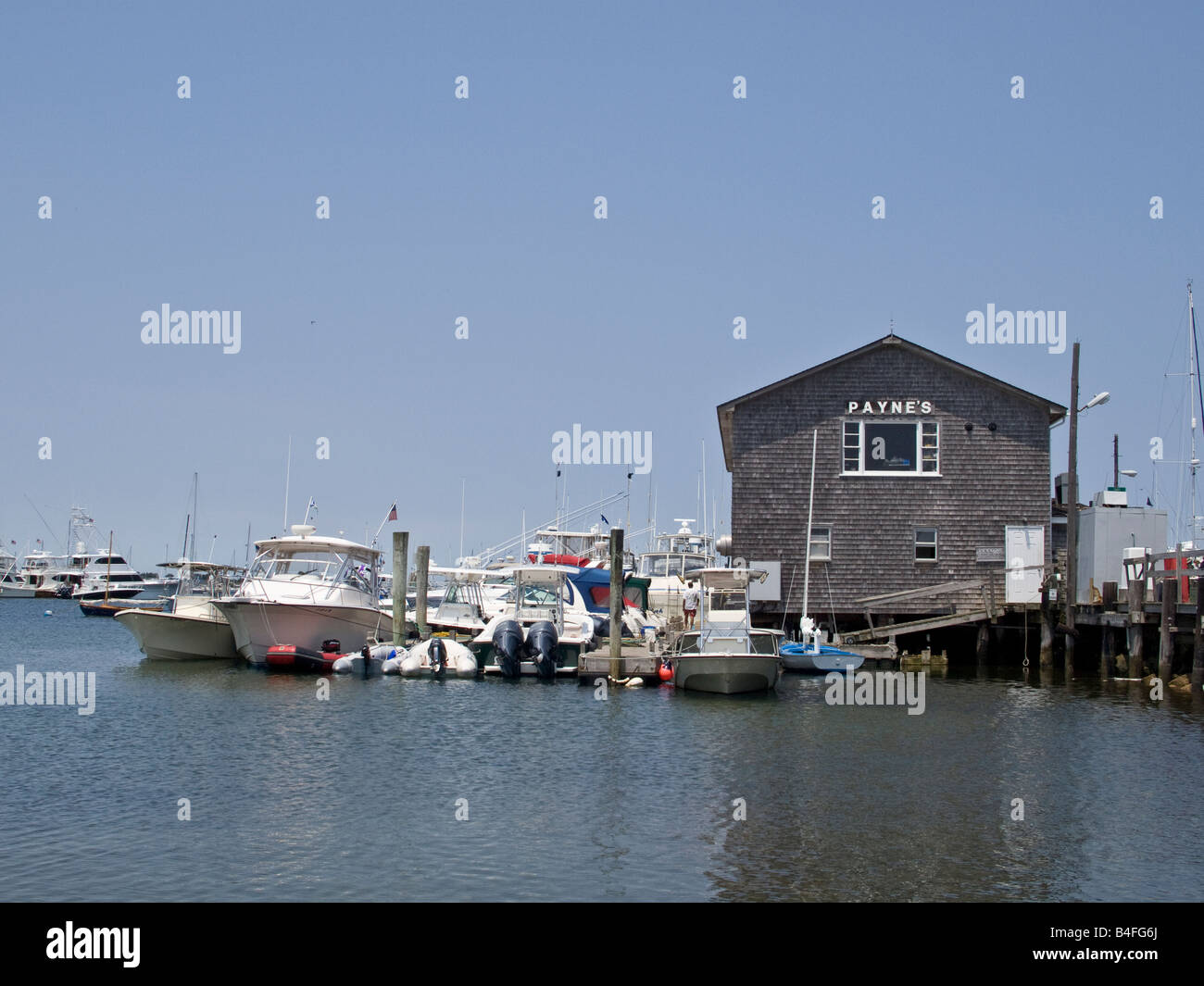 Boats in the marina in New Harbor of Block Island. Block Island is a ...