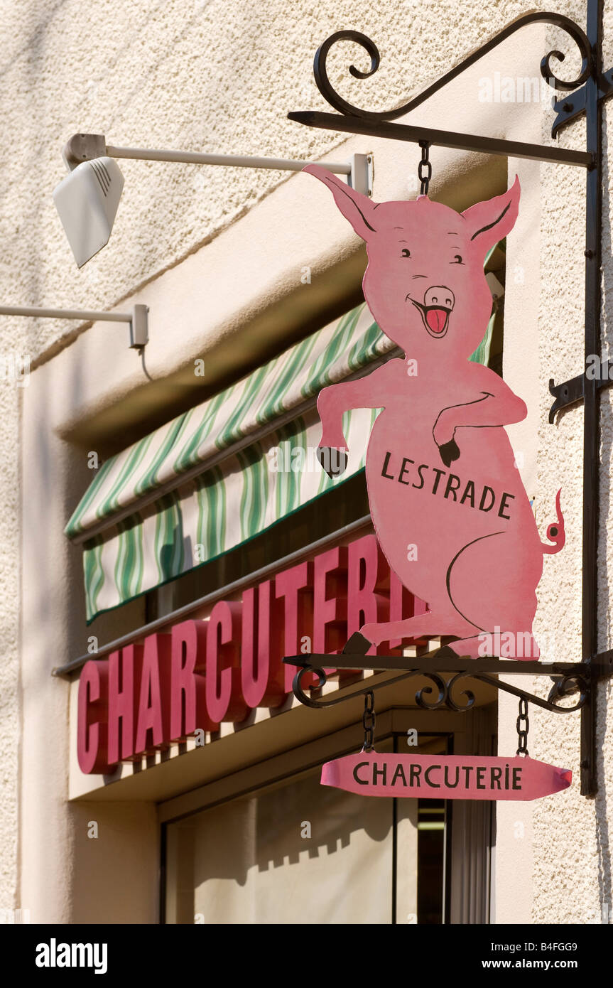 Porky pig sign for charcuterie (butcher's) shop, Bélabre, Indre, France ...