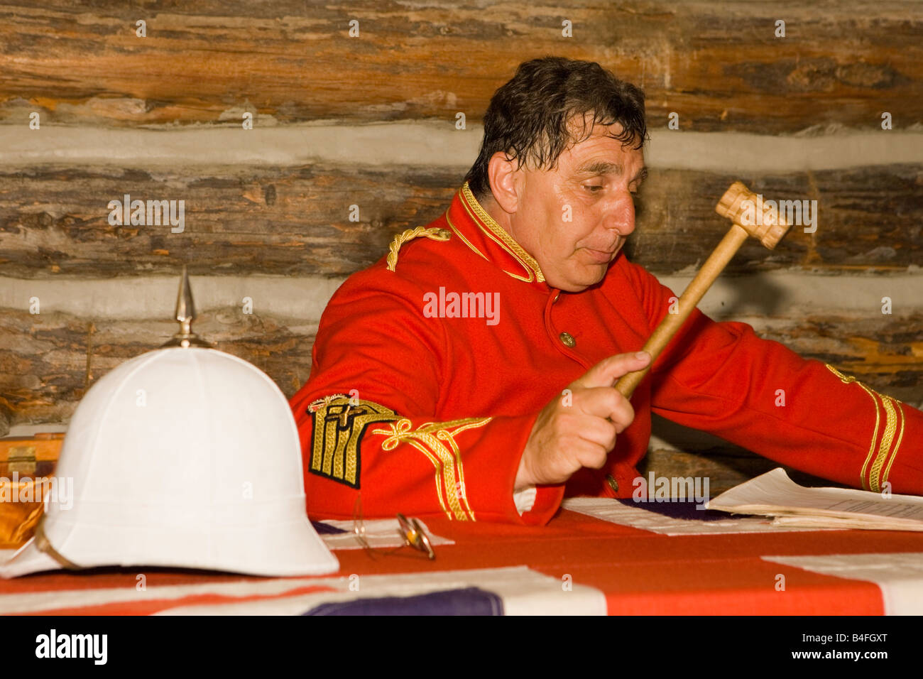 Costumed interpreter acting during a court proceeding at Fort Walsh ...
