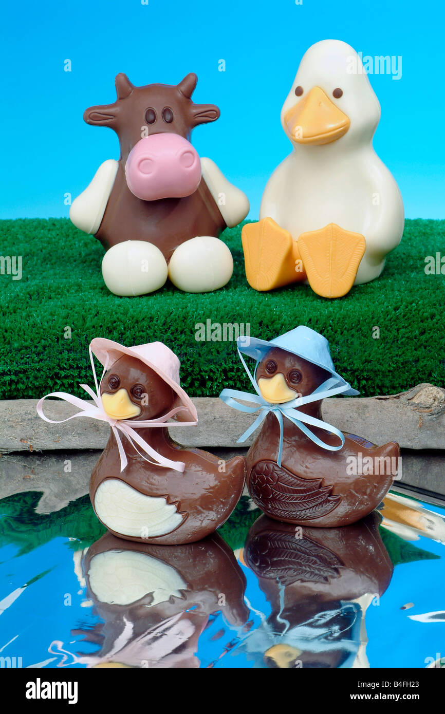Cow and duck chocolate Easter novelties Stock Photo - Alamy