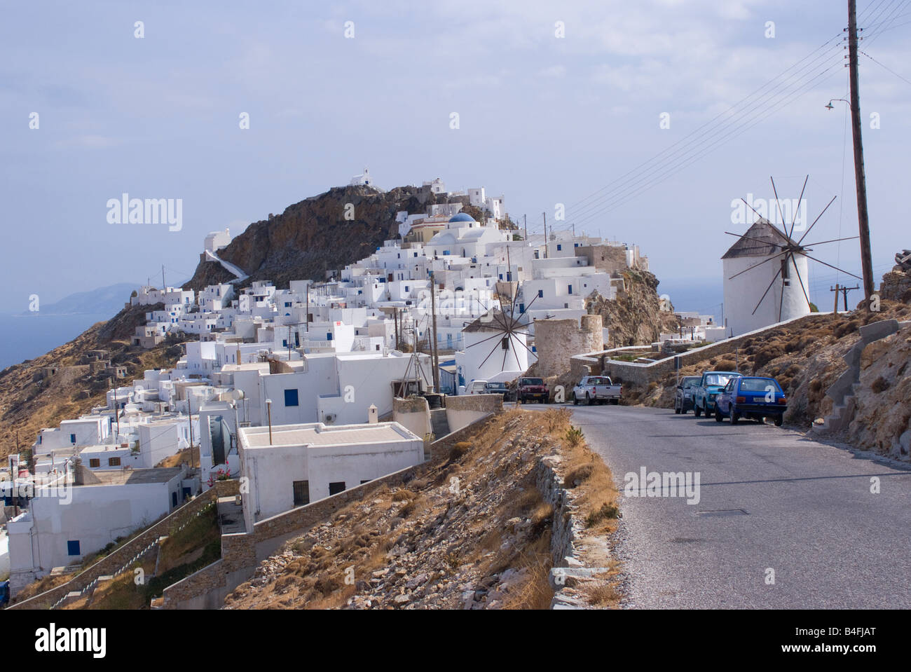 Old White Windmills and Chora Town on Hillside Serifos Island Cyclades ...