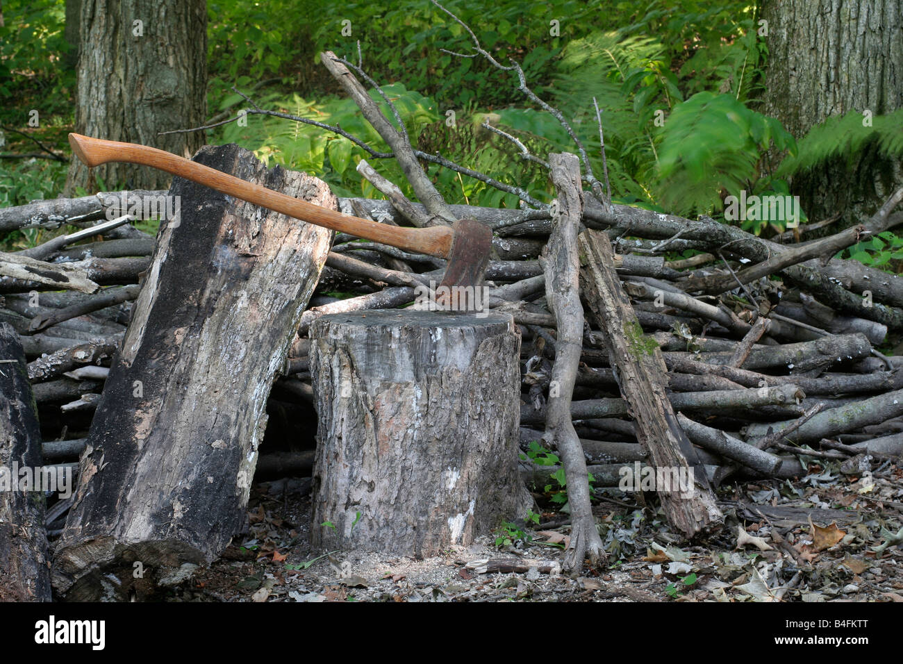 Axe in stump tool used in chopping firewood from pile Stock Photo - Alamy