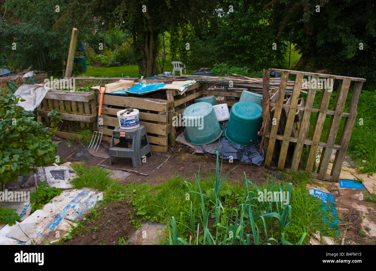 Homemade compost bins on organic allotment UK Stock Photo - Alamy