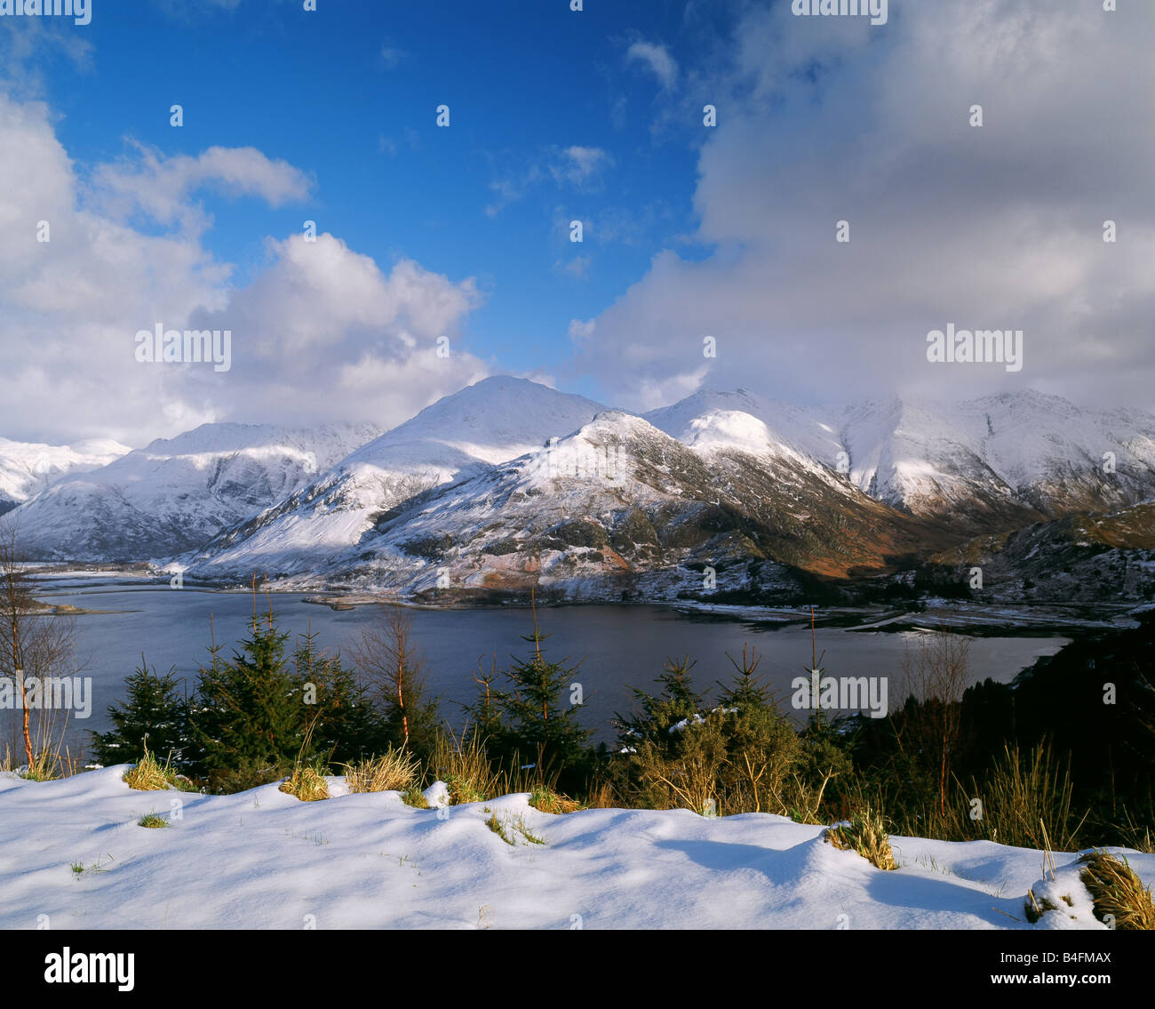 The five sisters of Kintail and Loch Duich, Scotland, in winter from ...