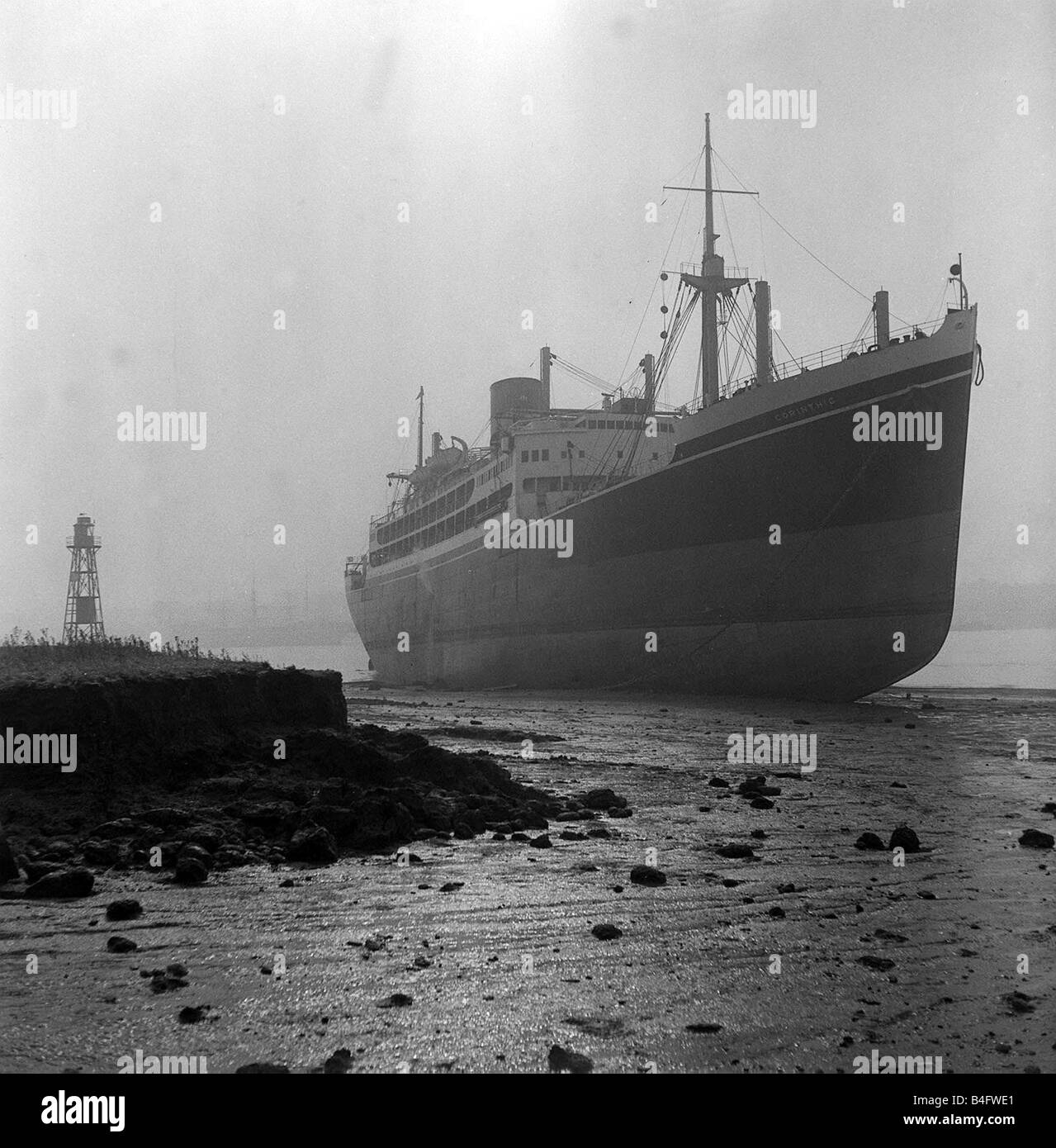 Liner Corinthic aground in Thames Estuary October 1952 Stock Photo - Alamy