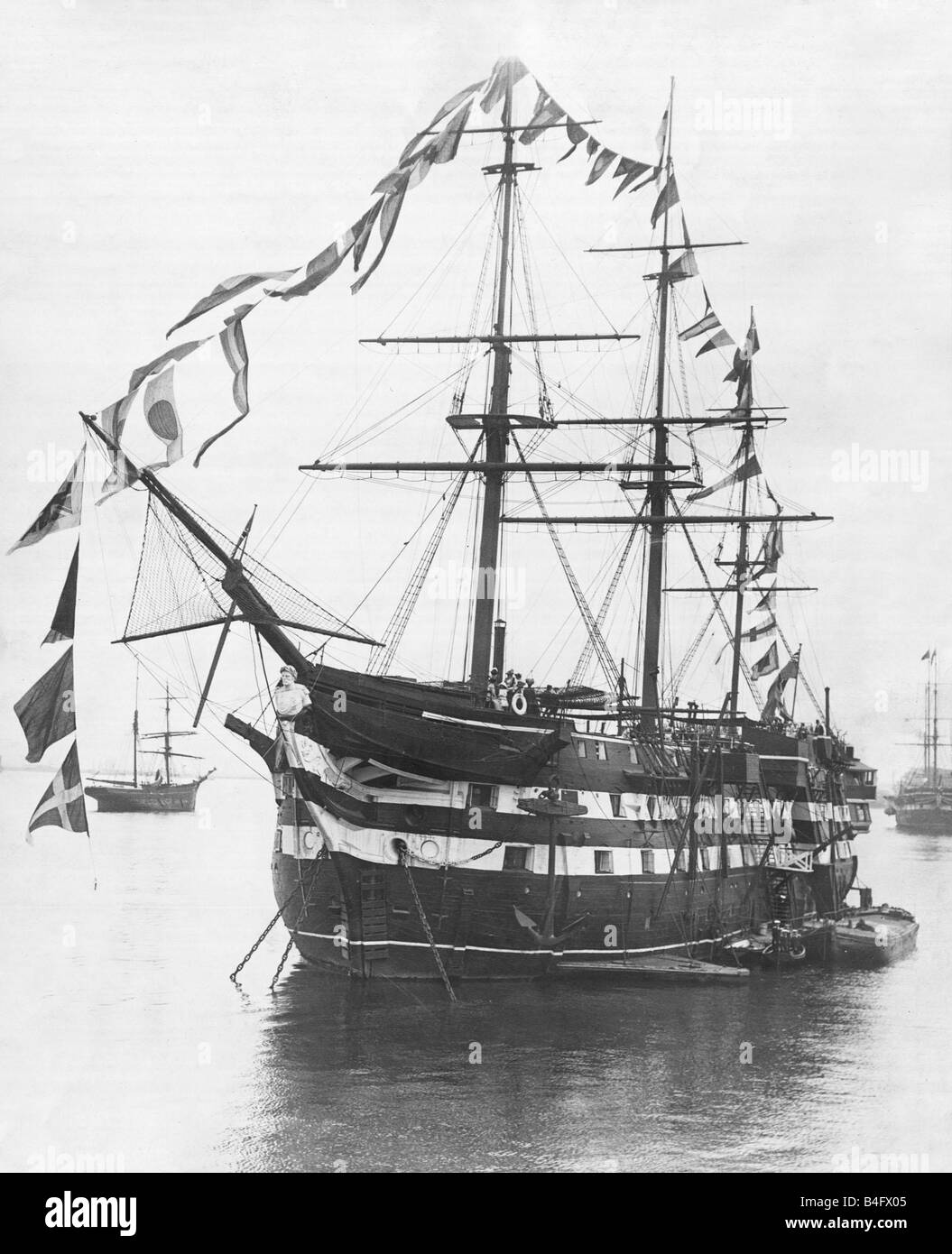 The training ship Warspite decorated for an inspection of Prince Louis ...