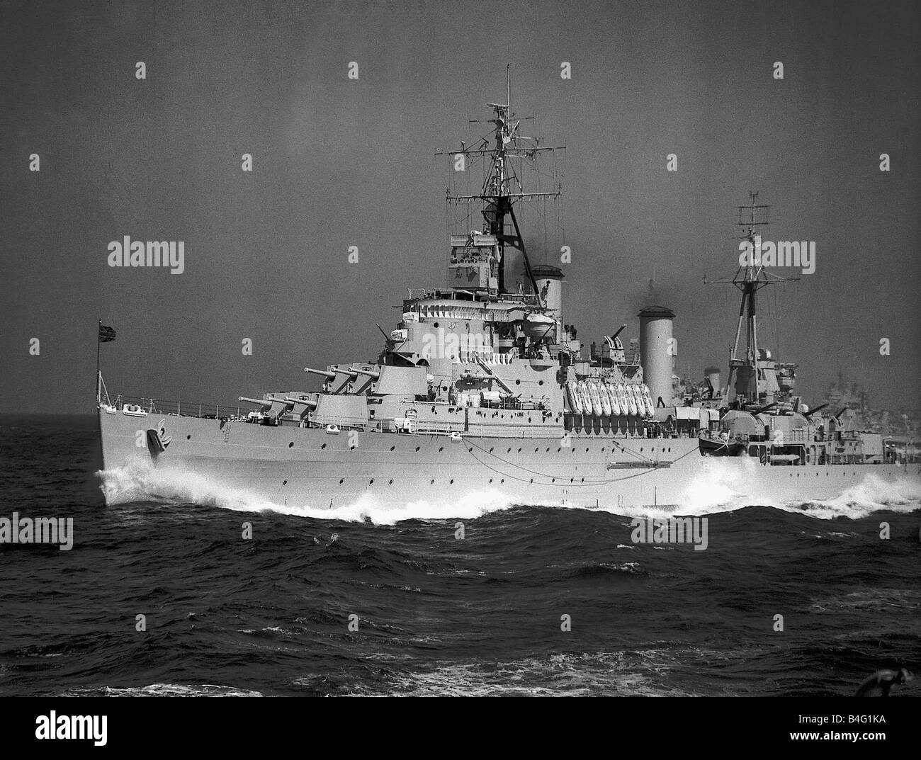 HMS Gambia A Royal Navy Mauritius class cruiser at full speed at sea ...