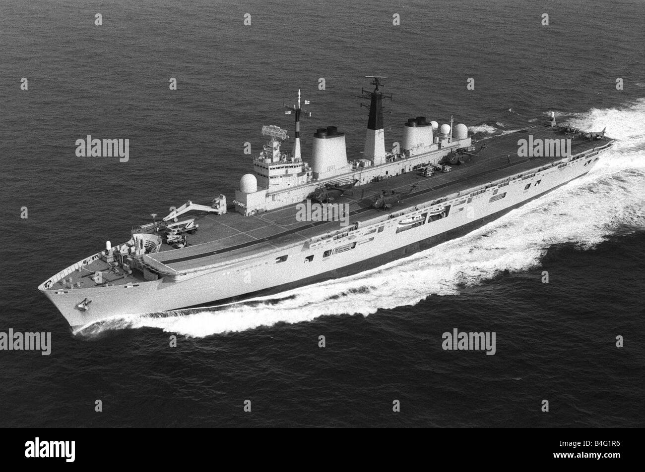 Royal Navy Ships HMS Invincible Aircraft Carrier sailing in the Northern Atlantic October 1985 ...